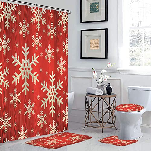 GRIEKOWE 4Pcs Snowflake Christmas Shower Curtain Set Red Background Shower Curtain Decor with Non-Slip Rugs Bath U-Shaped Mat Toilet Lid Cover , Waterproof Cute Bathroom Set with 12 Hooks, 72''×72''