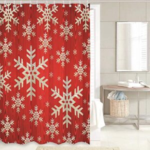 GRIEKOWE 4Pcs Snowflake Christmas Shower Curtain Set Red Background Shower Curtain Decor with Non-Slip Rugs Bath U-Shaped Mat Toilet Lid Cover , Waterproof Cute Bathroom Set with 12 Hooks, 72''×72''