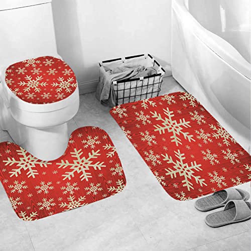 GRIEKOWE 4Pcs Snowflake Christmas Shower Curtain Set Red Background Shower Curtain Decor with Non-Slip Rugs Bath U-Shaped Mat Toilet Lid Cover , Waterproof Cute Bathroom Set with 12 Hooks, 72''×72''