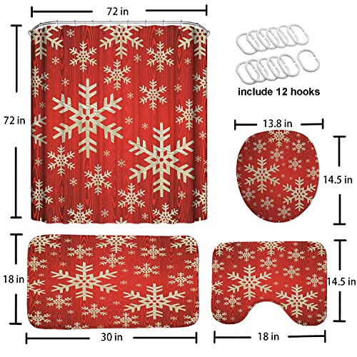 GRIEKOWE 4Pcs Snowflake Christmas Shower Curtain Set Red Background Shower Curtain Decor with Non-Slip Rugs Bath U-Shaped Mat Toilet Lid Cover , Waterproof Cute Bathroom Set with 12 Hooks, 72''×72''