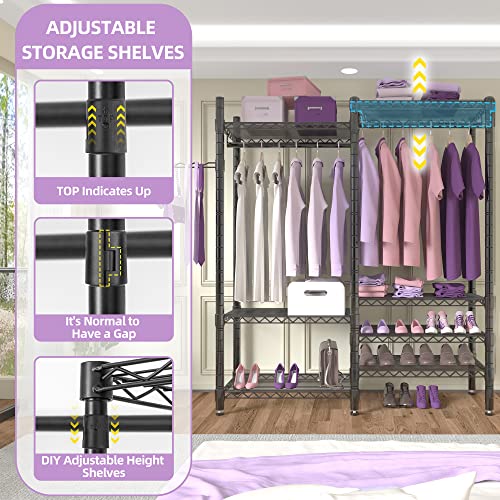 GOODPIE H7 Garment Rack Heavy Duty Clothes Racks, Hanging Clothing Rack, Freestanding Closet Wardrobe, 7 Adjustable Wire Rack, 2 Clothe Rod, 1 Side Hook, Multiple Combination Methods, Black