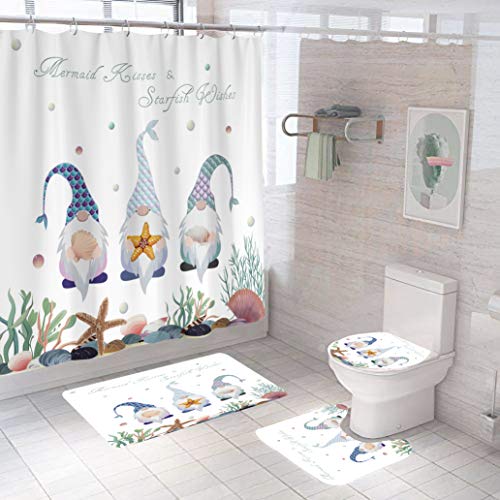 Godeufe 4Pcs Mermaid Gnome Shower Curtain Sets for Bathroom, Waterproof Bath Curtain Set with Non-Slip Rug, Toilet Lid Cover, Bath Mat and 12 Hooks, 70.8x70.8 Inches (White)