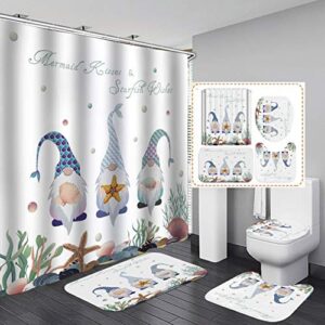 Godeufe 4Pcs Mermaid Gnome Shower Curtain Sets for Bathroom, Waterproof Bath Curtain Set with Non-Slip Rug, Toilet Lid Cover, Bath Mat and 12 Hooks, 70.8x70.8 Inches (White)