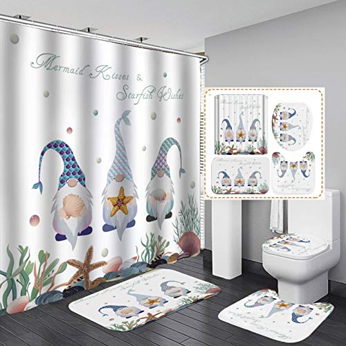 Godeufe 4Pcs Mermaid Gnome Shower Curtain Sets for Bathroom, Waterproof Bath Curtain Set with Non-Slip Rug, Toilet Lid Cover, Bath Mat and 12 Hooks, 70.8x70.8 Inches (White)