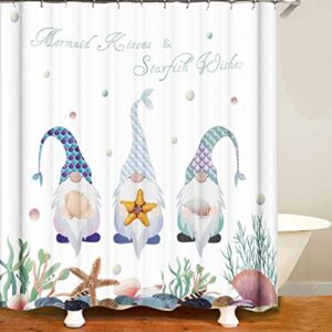 Godeufe 4Pcs Mermaid Gnome Shower Curtain Sets for Bathroom, Waterproof Bath Curtain Set with Non-Slip Rug, Toilet Lid Cover, Bath Mat and 12 Hooks, 70.8x70.8 Inches (White)