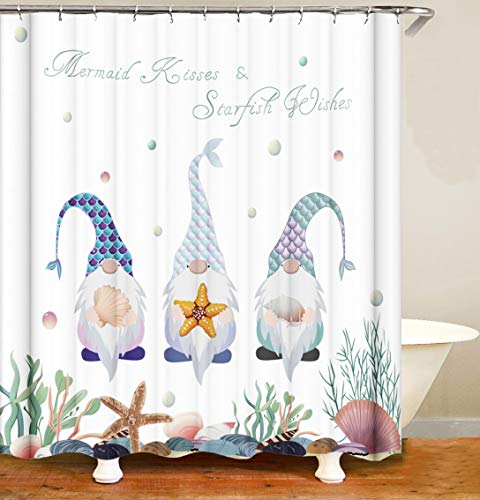 Godeufe 4Pcs Mermaid Gnome Shower Curtain Sets for Bathroom, Waterproof Bath Curtain Set with Non-Slip Rug, Toilet Lid Cover, Bath Mat and 12 Hooks, 70.8x70.8 Inches (White)