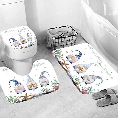 Godeufe 4Pcs Mermaid Gnome Shower Curtain Sets for Bathroom, Waterproof Bath Curtain Set with Non-Slip Rug, Toilet Lid Cover, Bath Mat and 12 Hooks, 70.8x70.8 Inches (White)