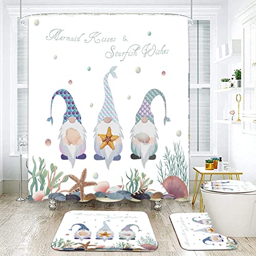 Godeufe 4Pcs Mermaid Gnome Shower Curtain Sets for Bathroom, Waterproof Bath Curtain Set with Non-Slip Rug, Toilet Lid Cover, Bath Mat and 12 Hooks, 70.8x70.8 Inches (White)