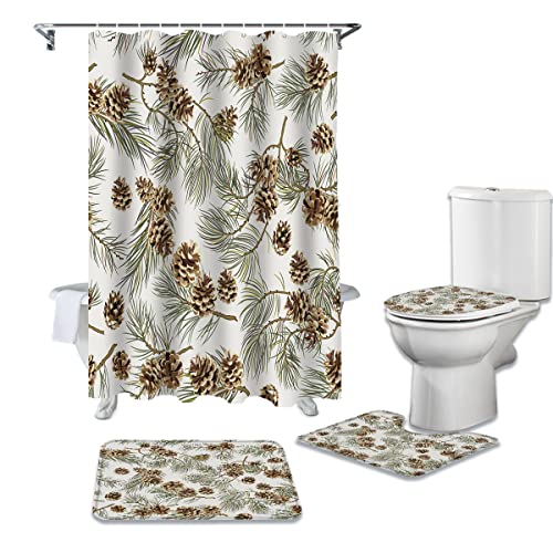 Infinidesign Shower Curtain Sets with Non-Slip Rugs Bath Mat Toilet Lid Cover and 12 Hooks Waterproof Fall Pinecone Bath Sets Autumn 4Pcs 36x72 Inch