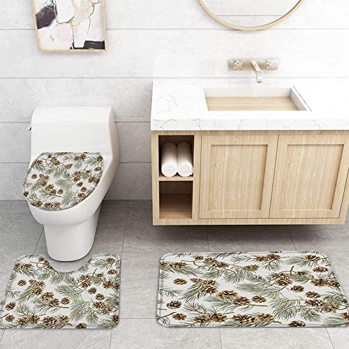 Infinidesign Shower Curtain Sets with Non-Slip Rugs Bath Mat Toilet Lid Cover and 12 Hooks Waterproof Fall Pinecone Bath Sets Autumn 4Pcs 36x72 Inch