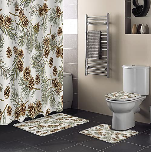 Infinidesign Shower Curtain Sets with Non-Slip Rugs Bath Mat Toilet Lid Cover and 12 Hooks Waterproof Fall Pinecone Bath Sets Autumn 4Pcs 36x72 Inch