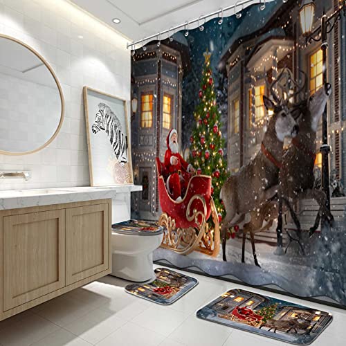 CALARVUK 4PC Christmas Bathroom Sets, Happy Santa Claus in Christmas Sleigh in a Town Christmas Bathroom Decor with Christmas Shower Curtain and Rugs and Accessories