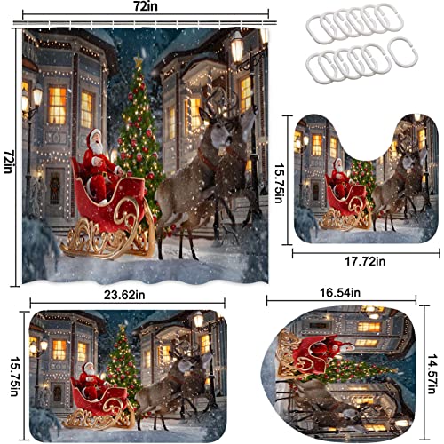 CALARVUK 4PC Christmas Bathroom Sets, Happy Santa Claus in Christmas Sleigh in a Town Christmas Bathroom Decor with Christmas Shower Curtain and Rugs and Accessories