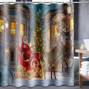 CALARVUK 4PC Christmas Bathroom Sets, Happy Santa Claus in Christmas Sleigh in a Town Christmas Bathroom Decor with Christmas Shower Curtain and Rugs and Accessories