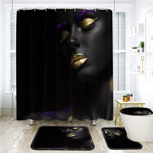 newsuyaa 4 sets black woman shower curtain sets with bath rugs set,sexy african american afro sexy women waterproof tub curtains rug mats toilet seat cover hooks,black and gold 71 inch bathroom decor