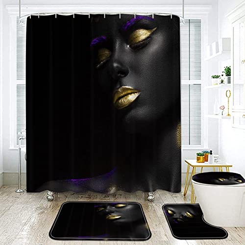 NEWSUYAA 4 Sets Black Woman Shower Curtain Sets with Bath Rugs Set,Sexy African American Afro Sexy Women Waterproof Tub Curtains Rug Mats Toilet Seat Cover Hooks,Black and Gold 71 Inch Bathroom Decor