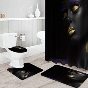 NEWSUYAA 4 Sets Black Woman Shower Curtain Sets with Bath Rugs Set,Sexy African American Afro Sexy Women Waterproof Tub Curtains Rug Mats Toilet Seat Cover Hooks,Black and Gold 71 Inch Bathroom Decor