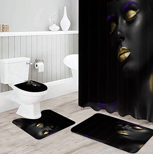 NEWSUYAA 4 Sets Black Woman Shower Curtain Sets with Bath Rugs Set,Sexy African American Afro Sexy Women Waterproof Tub Curtains Rug Mats Toilet Seat Cover Hooks,Black and Gold 71 Inch Bathroom Decor