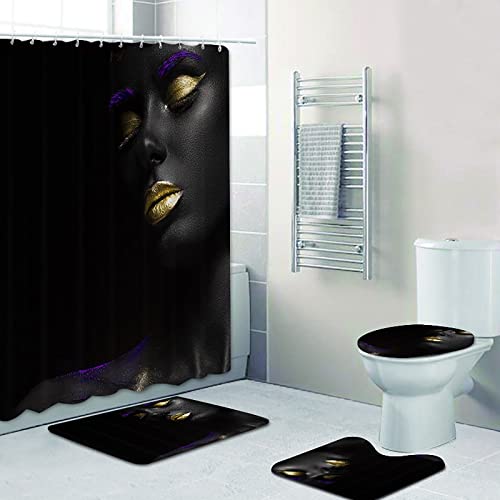 NEWSUYAA 4 Sets Black Woman Shower Curtain Sets with Bath Rugs Set,Sexy African American Afro Sexy Women Waterproof Tub Curtains Rug Mats Toilet Seat Cover Hooks,Black and Gold 71 Inch Bathroom Decor