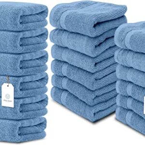 White Classic Luxury Hand Towels | 6 Pack Luxury Cotton Washcloths | 12 Pack Bundle (Light Blue)