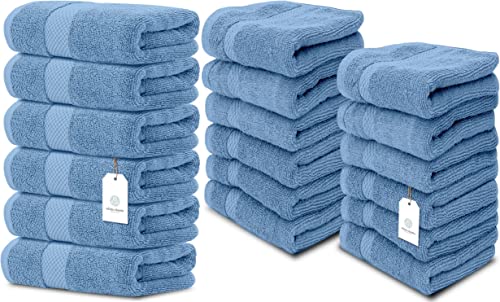 White Classic Luxury Hand Towels | 6 Pack Luxury Cotton Washcloths | 12 Pack Bundle (Light Blue)