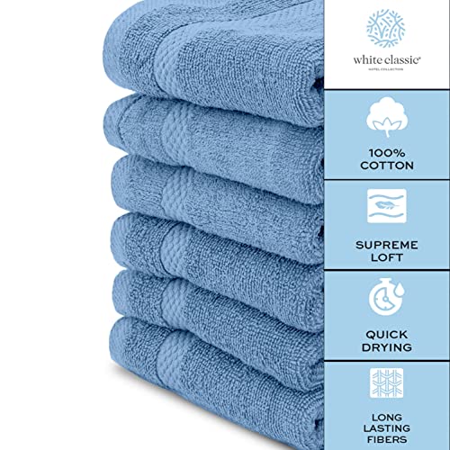 White Classic Luxury Hand Towels | 6 Pack Luxury Cotton Washcloths | 12 Pack Bundle (Light Blue)