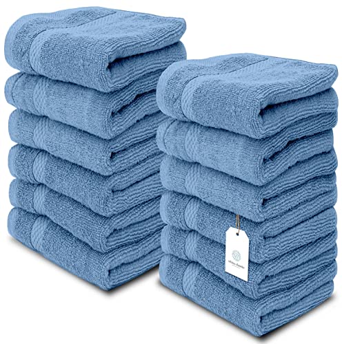 White Classic Luxury Hand Towels | 6 Pack Luxury Cotton Washcloths | 12 Pack Bundle (Light Blue)