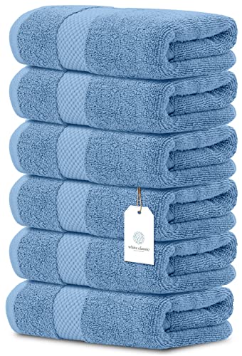 White Classic Luxury Hand Towels | 6 Pack Luxury Cotton Washcloths | 12 Pack Bundle (Light Blue)