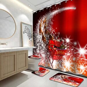 calarvuk 4pc red christmas bathroom sets with shower curtain and rugs, santa claus with reindeer shower curtain set with non-slip rugs, toilet lid cover and bath mat, holiday bathroom decoration set