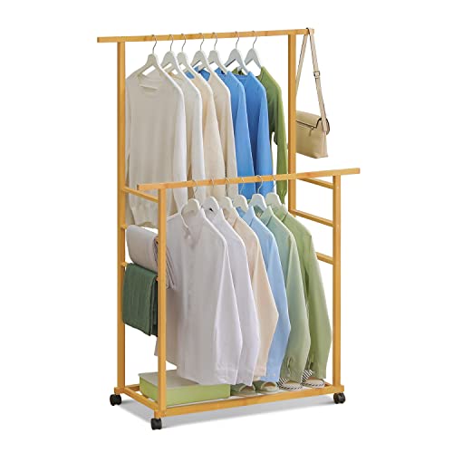 MoNiBloom Double Rod Clothing Garment Rack with Bottom Shelves, Bamboo Clothes Rack on Wheels Rolling Clothing Rack with Pants Rack Hanging Clothes, Natural