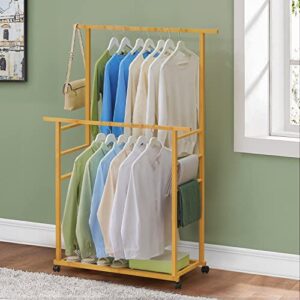 MoNiBloom Double Rod Clothing Garment Rack with Bottom Shelves, Bamboo Clothes Rack on Wheels Rolling Clothing Rack with Pants Rack Hanging Clothes, Natural