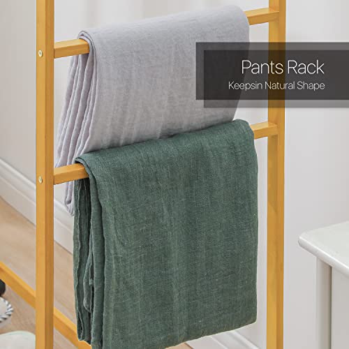 MoNiBloom Double Rod Clothing Garment Rack with Bottom Shelves, Bamboo Clothes Rack on Wheels Rolling Clothing Rack with Pants Rack Hanging Clothes, Natural