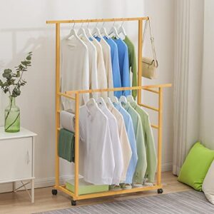 MoNiBloom Double Rod Clothing Garment Rack with Bottom Shelves, Bamboo Clothes Rack on Wheels Rolling Clothing Rack with Pants Rack Hanging Clothes, Natural