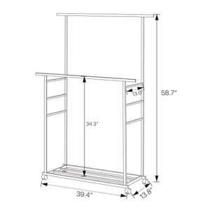 MoNiBloom Double Rod Clothing Garment Rack with Bottom Shelves, Bamboo Clothes Rack on Wheels Rolling Clothing Rack with Pants Rack Hanging Clothes, Natural