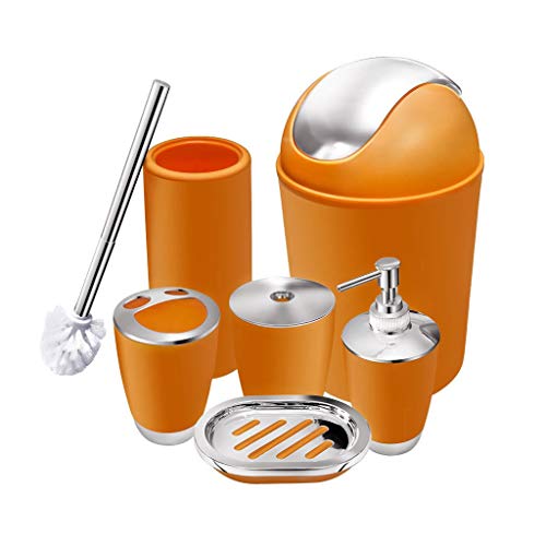 CNKOBE 6 Pcs Plastic Bathroom Accessory Set Luxury Bath Accessories Bath Set Lotion Bottles, Toothbrush Holder, Tooth Mug, Soap Dish, Toilet Brush, Trash Can, Rubbish Bin (Orange)