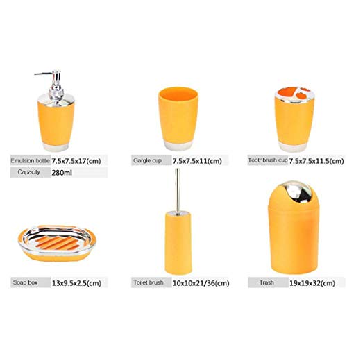 CNKOBE 6 Pcs Plastic Bathroom Accessory Set Luxury Bath Accessories Bath Set Lotion Bottles, Toothbrush Holder, Tooth Mug, Soap Dish, Toilet Brush, Trash Can, Rubbish Bin (Orange)