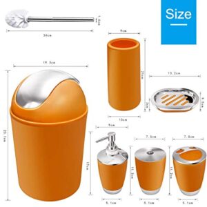 CNKOBE 6 Pcs Plastic Bathroom Accessory Set Luxury Bath Accessories Bath Set Lotion Bottles, Toothbrush Holder, Tooth Mug, Soap Dish, Toilet Brush, Trash Can, Rubbish Bin (Orange)