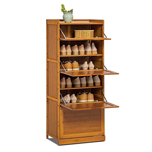 MoNiBloom Bamboo 7-Tier Shoe Organizer Rack with Pull-Down Door 21-Pair Sneaker Heels Boots, Hallway Entryway, Brown