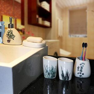 EPFamily White Ceramic Bathroom Accessory Set - Including 5 Piece Soap Dispenser, Toothbrush Holder, 2 Tumbler, Soap Dish with Green Plant Pattern