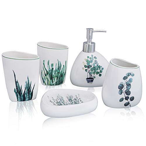 EPFamily White Ceramic Bathroom Accessory Set - Including 5 Piece Soap Dispenser, Toothbrush Holder, 2 Tumbler, Soap Dish with Green Plant Pattern