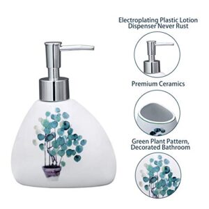 EPFamily White Ceramic Bathroom Accessory Set - Including 5 Piece Soap Dispenser, Toothbrush Holder, 2 Tumbler, Soap Dish with Green Plant Pattern