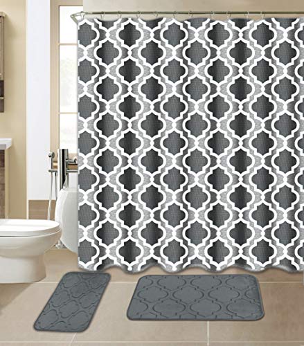 All American Collection 15-Piece Bathroom Set with 2 Memory Foam Bath Mats and Matching Shower Curtain | Designer Patterns and Colors (Geometric Grey)