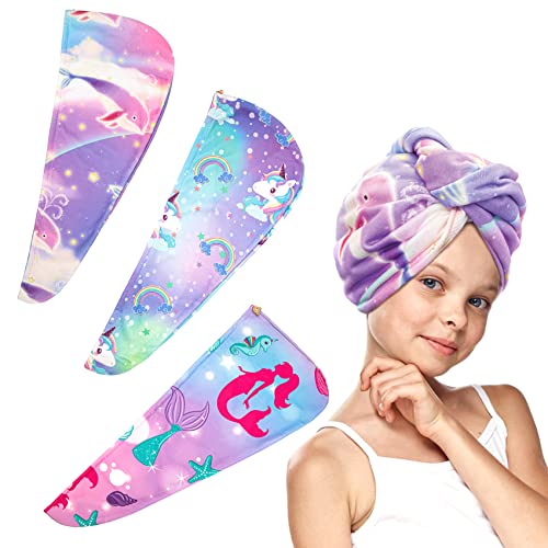 CBLBXYB 3 Pack Microfiber Hair Drying Towel, Super Absorbent Dry Hair Towel Instant Hair Dry Twisty Wrap with Button Anti Frizz Soft Bath Shower Cap Head Towel for Girls Women Ladies Kids