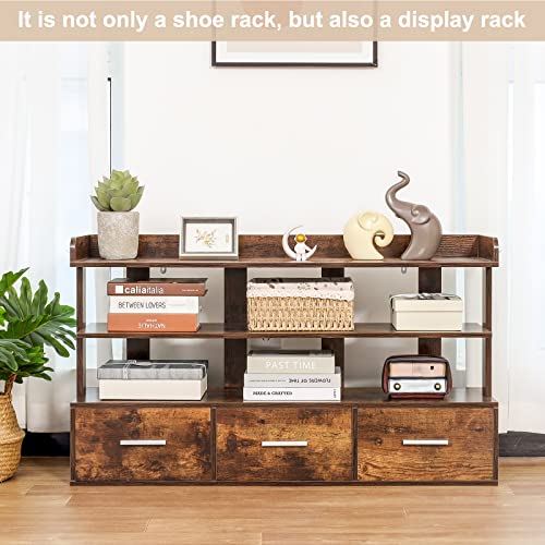 usikey Vertical Shoe Rack, 3-Tier Wooden Shoe Racks with 3 Bottom Drawers & 2 Hooks, Shoe Storage Shelf, Modern Shoe Rack Organizer for Entryway, Hallway, Closet, Rustic Brown