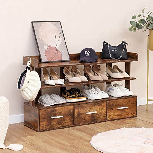 usikey Vertical Shoe Rack, 3-Tier Wooden Shoe Racks with 3 Bottom Drawers & 2 Hooks, Shoe Storage Shelf, Modern Shoe Rack Organizer for Entryway, Hallway, Closet, Rustic Brown