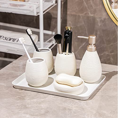 BLBYHO 6 Pieces Textured Ceramic Beige Bathroom Accessory Set, Farmhouse Bath Vanity Countertop Accessory Set, Include Soap Dispenser, Toothbrush Holder, 2 Tumbler, Soap Dish…