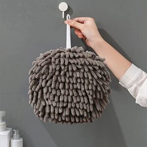 Pufandor Fuzzy Ball Towel Soft Microfiber Hand Towels for Bathroom, Grey Hand Town Ball Chenille Fast Drying Towel with Loop Kitchen, Quick Dry Cloths for Cleaning(Include 1 Pcs Wall Hooks)