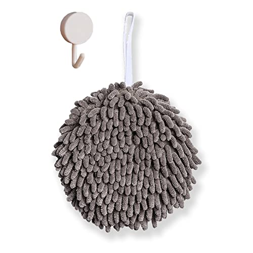 Pufandor Fuzzy Ball Towel Soft Microfiber Hand Towels for Bathroom, Grey Hand Town Ball Chenille Fast Drying Towel with Loop Kitchen, Quick Dry Cloths for Cleaning(Include 1 Pcs Wall Hooks)