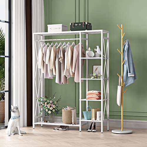 TIEOU White Clothing Rack with Shelves, Standing Garment Rack, Clothes Rack for Hanging Clothes, Modern Rack Clothes, White Clothes rack,Wardrobe Closet, Industrial Clothing Rack