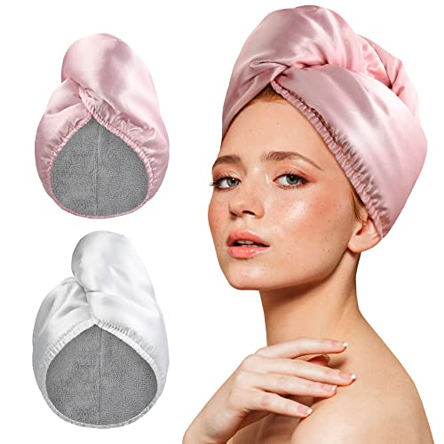 YoulerTex Microfiber Hair Towel Wrap Turban: 2Pack Drying Hair Twist Head Towels for Women Girls Curly Long Thick Wet Plopping Hair Quick Rapid Dry Anti Frizz Absorbent (Pink/White)